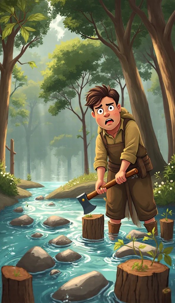 A wooden-handled iron axe slips from the woodcutter’s hands and falls ...