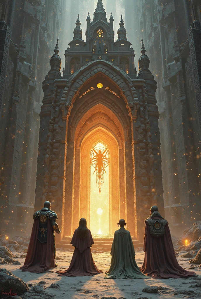 A shrine with a knight, a sorcerer, an elf and a dwarf all on one knee ...