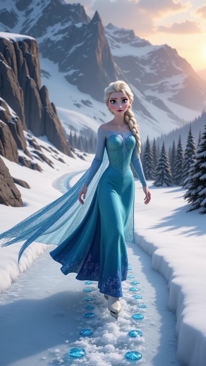 Elsa, the Snow Queen, gracefully skates across a frozen mountain path ...