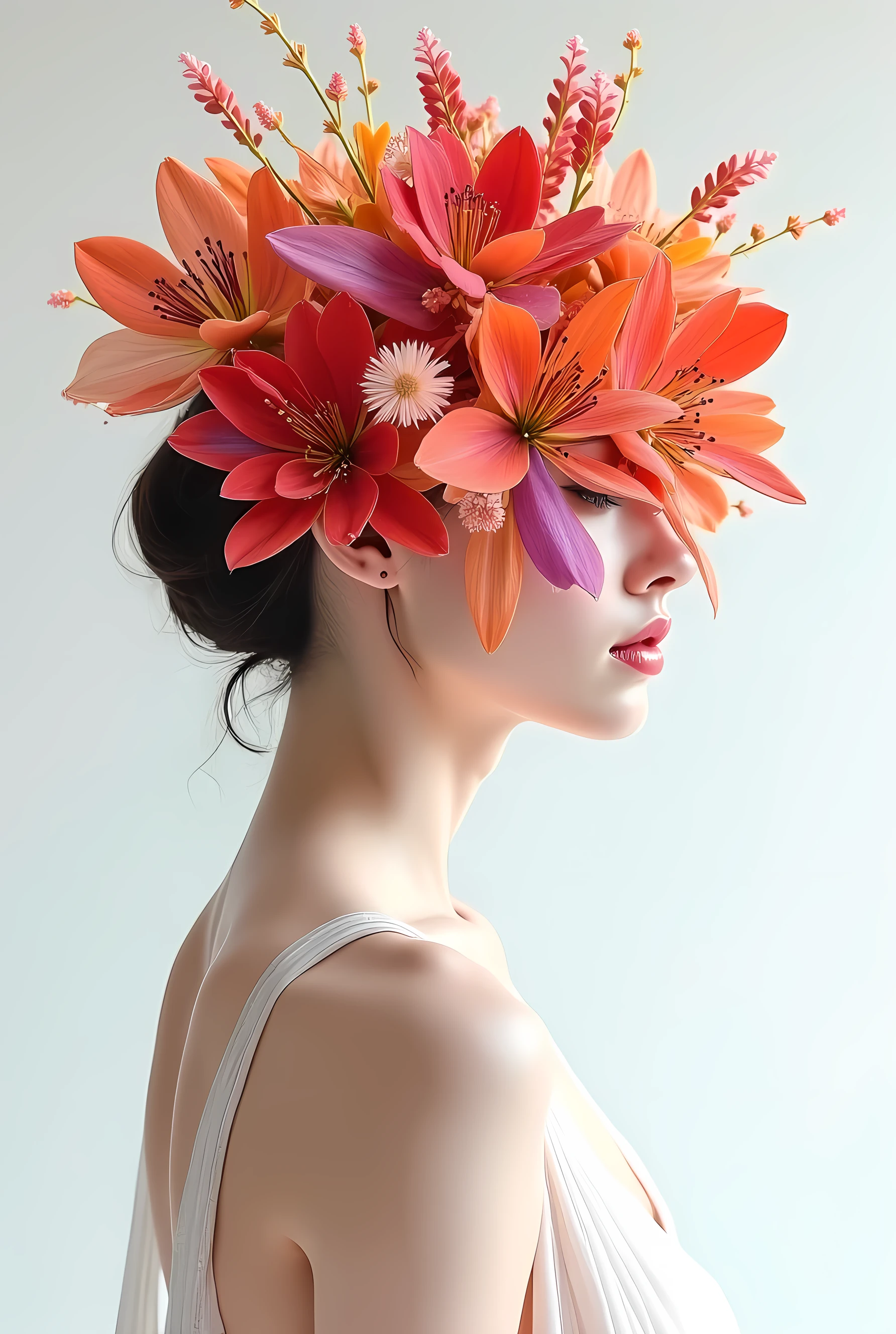 Modern bride with face covered in flowers - SeaArt AI