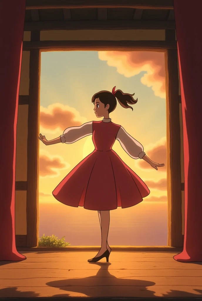 Ghibli style，On a simple wooden stage，A in a dress is performing a ...