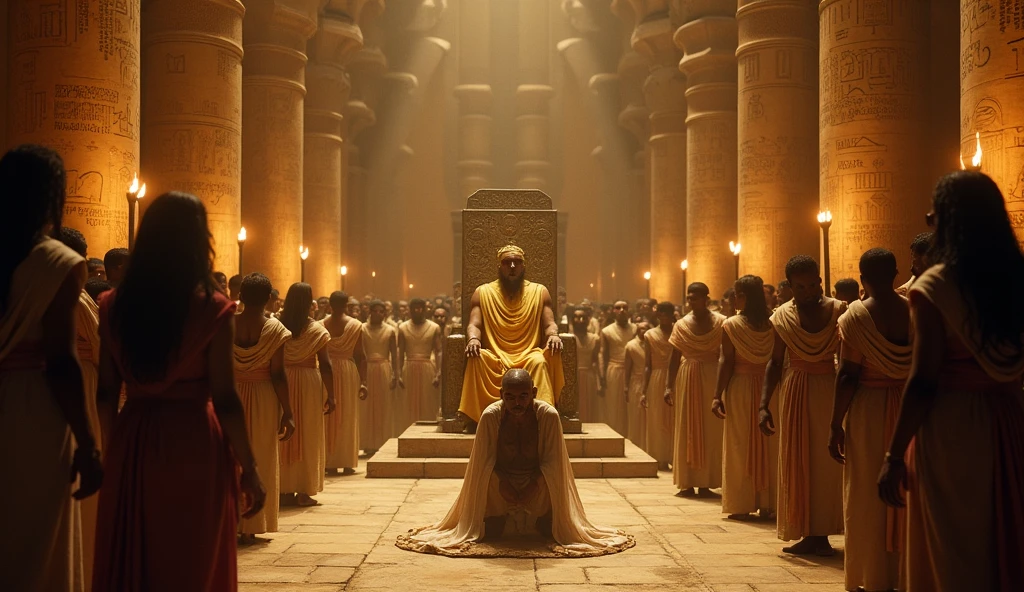 A grand assembly gathers around a powerful Egyptian Pharaoh, seated on ...