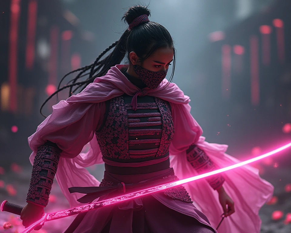 Prompt: "A masked ninja princess, surrounded by a dark, atmospheric ...