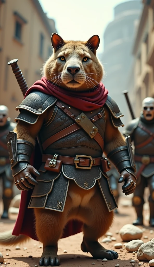 Cat and capybara in warrior costumes, Fighting zombies, Fantasy - SeaArt AI