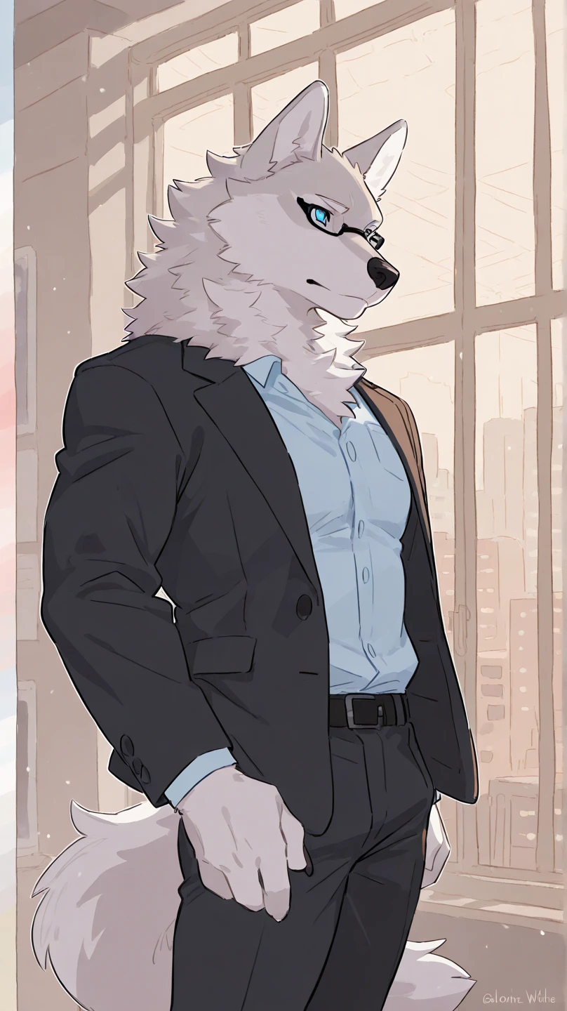 (masterpiece, blue eyes, (manly eyes), white wolf fur, natural sunlight ...