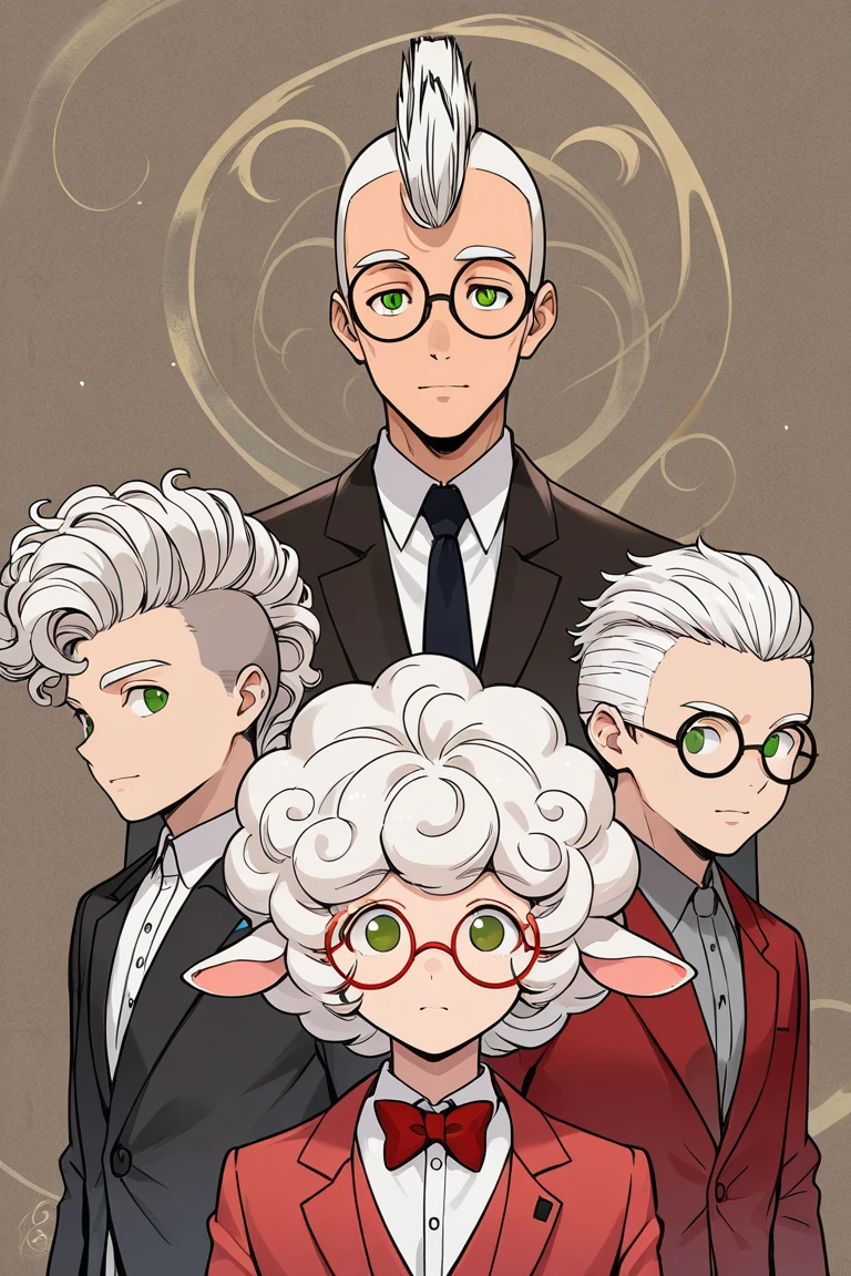 Curly hair, white hair, green eyes, round eyes, red rimmed glasses ...