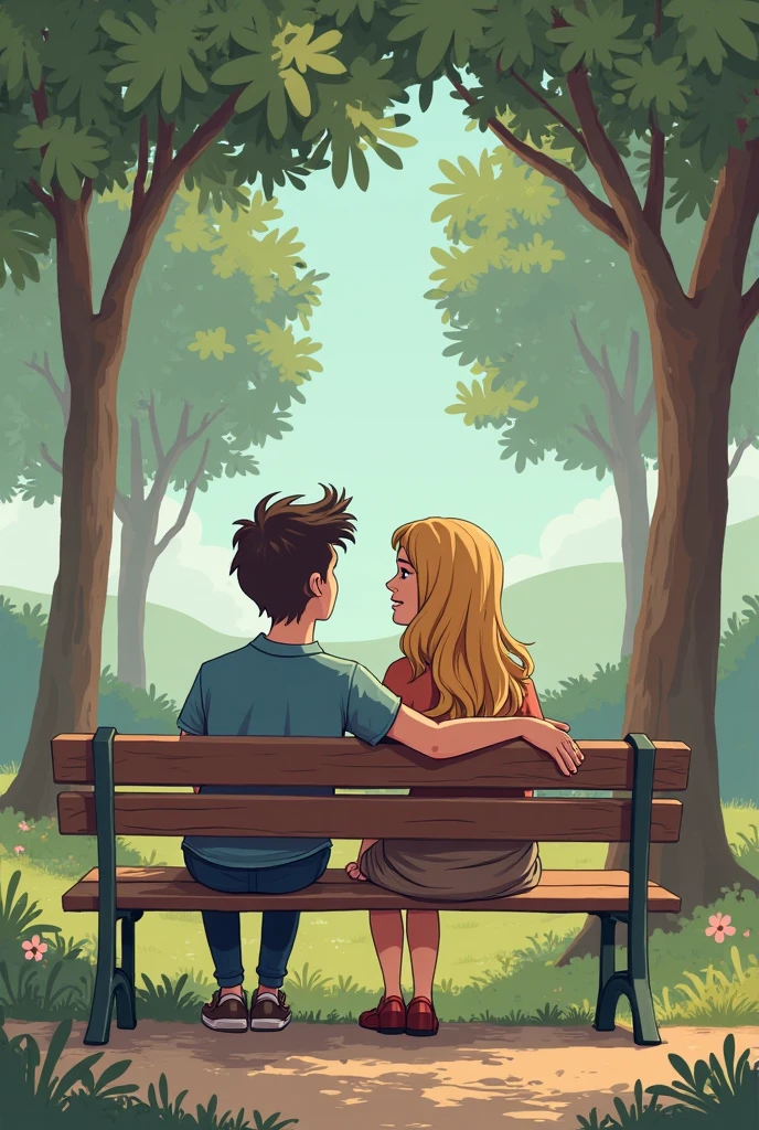 Panel 1: image: Alex and Sofia are sitting on a park bench. Alex looks ...