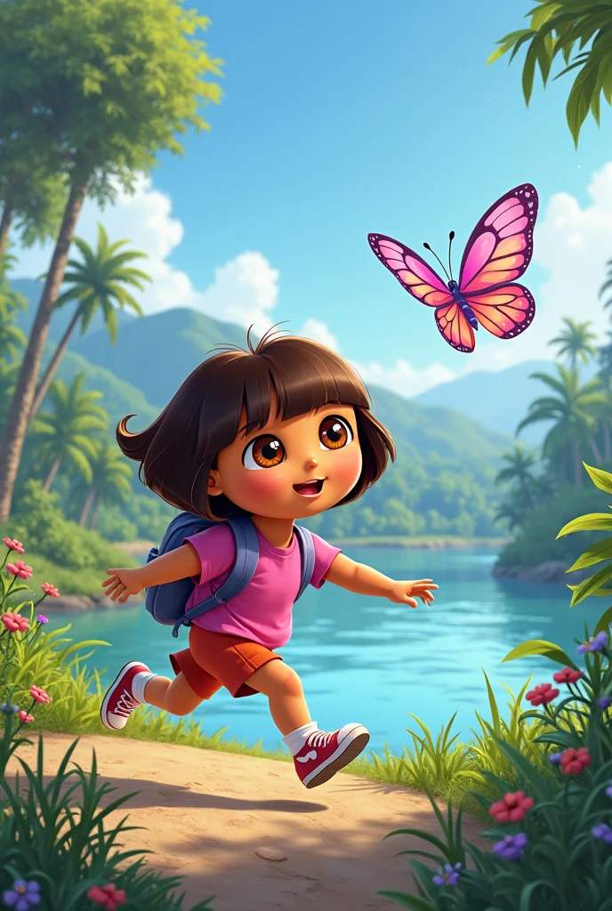 Imagine Dora the explorer she's running after a flying butterfly near ...