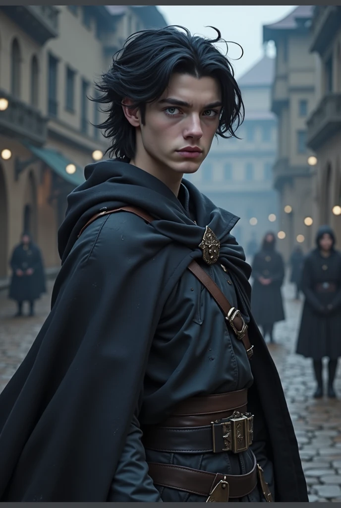 A RPG Dnd ager boy character with a black and long classic wavy mullet ...