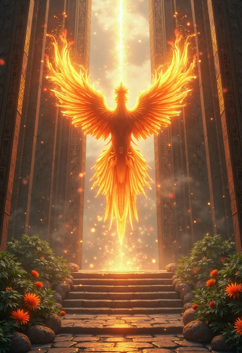 A powerful and serene image of a Phoenix ascending to the heavens from ...
