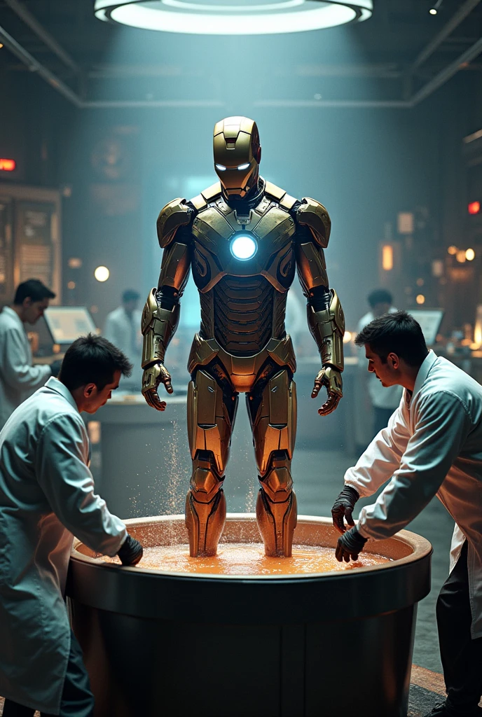 Make thumbnail for iron man 4 movie. Iron man making by scientists in a ...