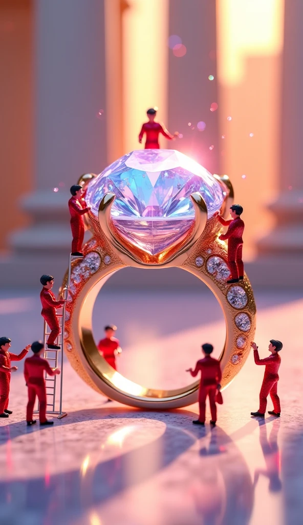 Numerous tiny human-like figures in bright red shimmering uniforms ...