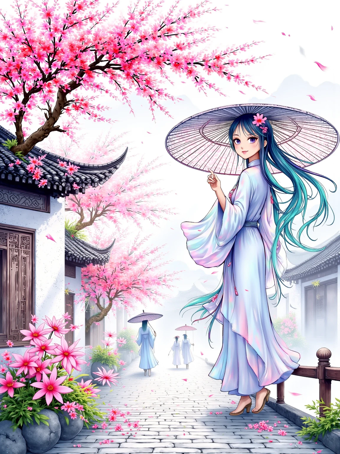 Chinese god of flowers, three quarter view, anime waifu, looking at ...