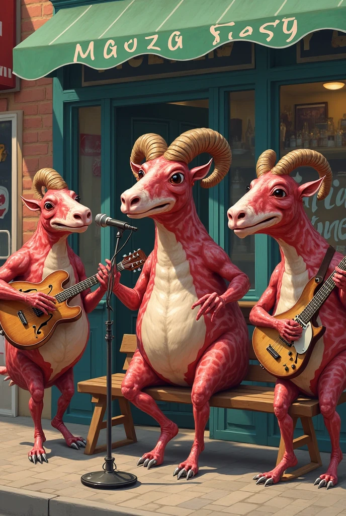 Beef steak playing guitar, chicken roast playing drums , mutton leg ...