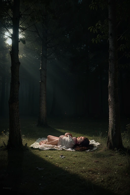A surreal and dramatic scene at night, features a grave whose ground is ...