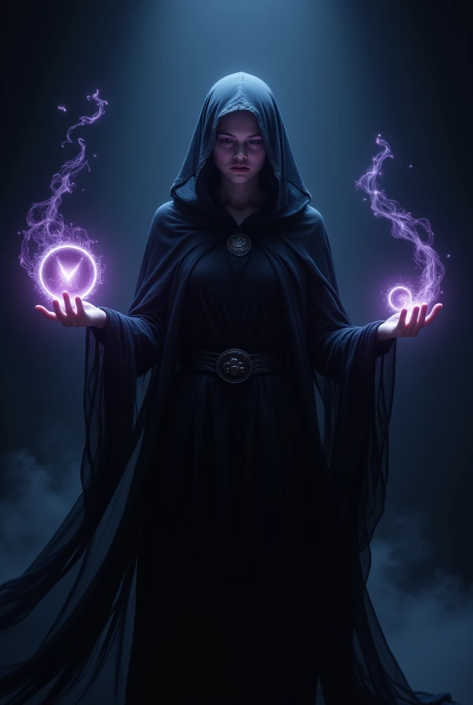 *A full-body portrait of a mysterious yet kind-hearted female dark mage ...