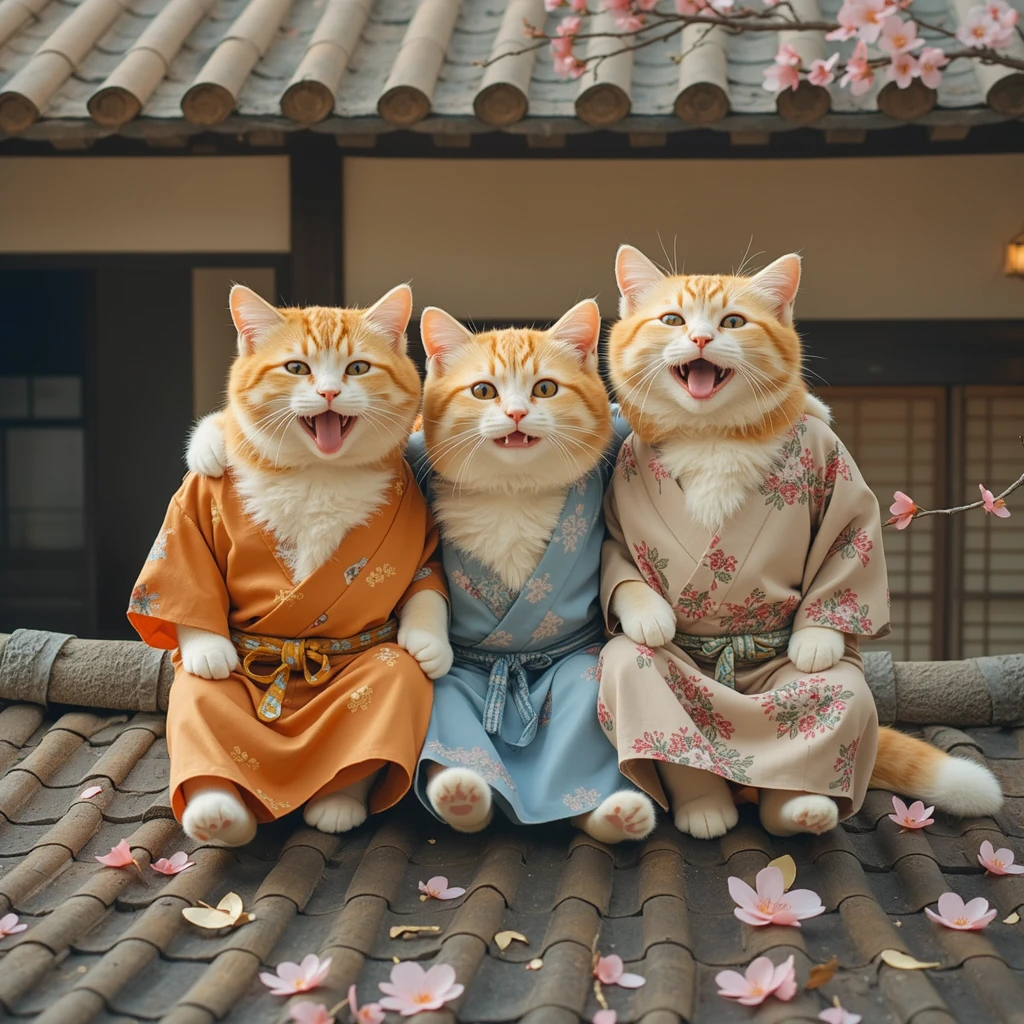 In the Edo period, whimsical scene,three cute, chubby cats dressed in ...