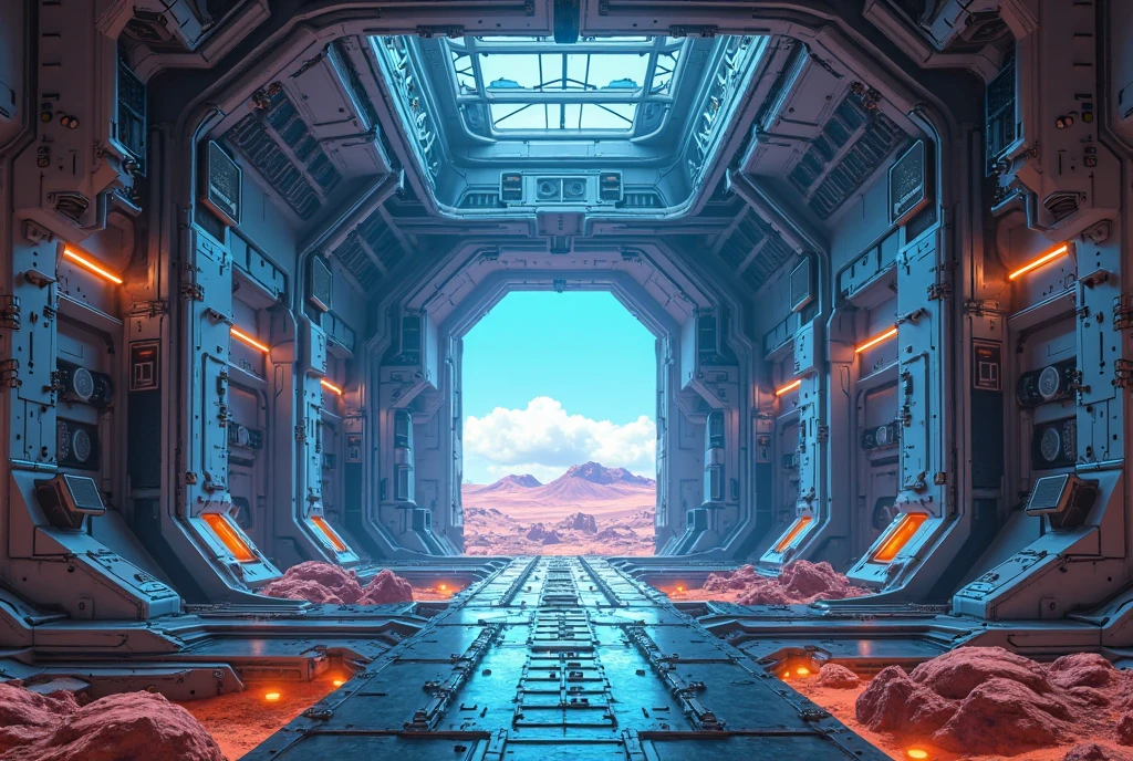 Futuristic spaceship, showing a spaceship square central entrance ...