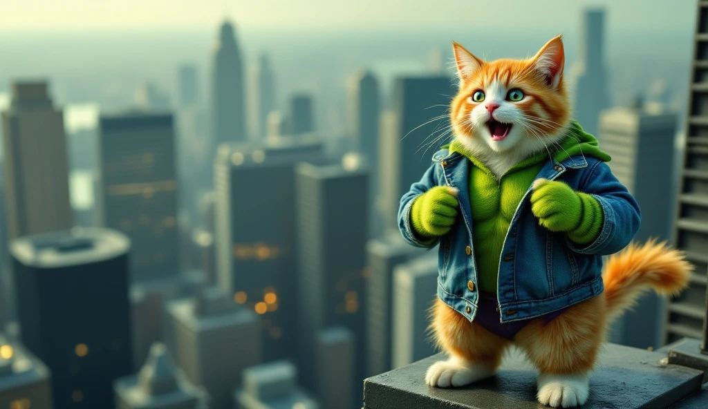A cat dressed as a green hulk holds a scared and screaming ginger cat ...