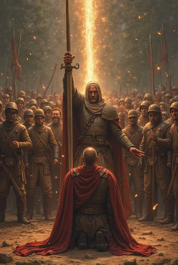 "The dramatic moment of the king's execution. The king is kneeling in ...