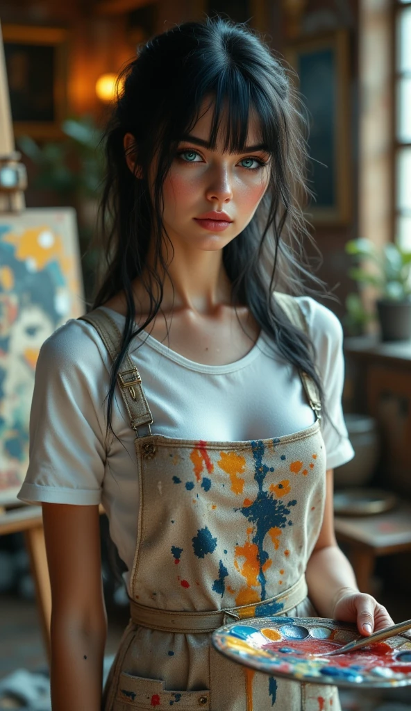 25-year-old woman with pale skin, smooth and tidy black ebony hair with ...