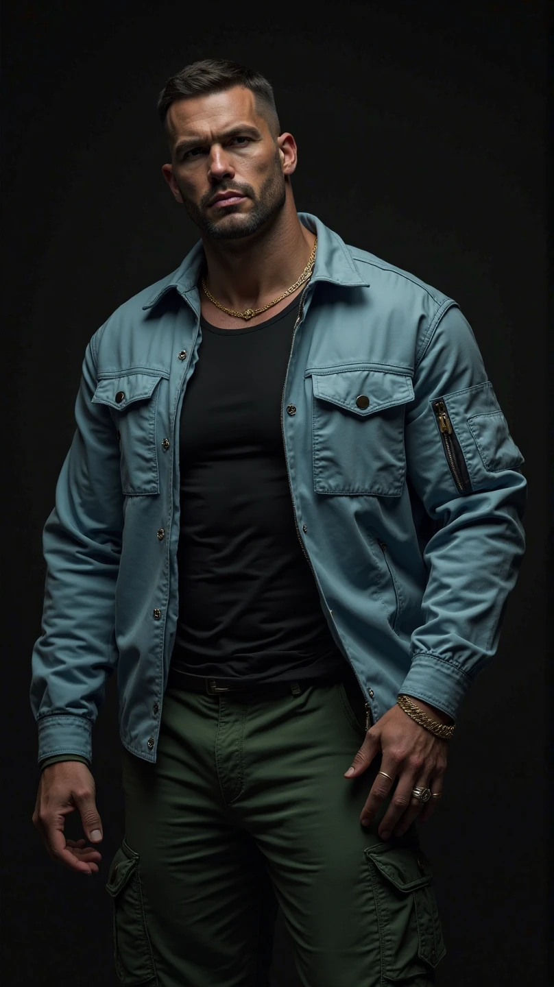 Muscular man, defined body, gold rings on all fingers, light blue ...