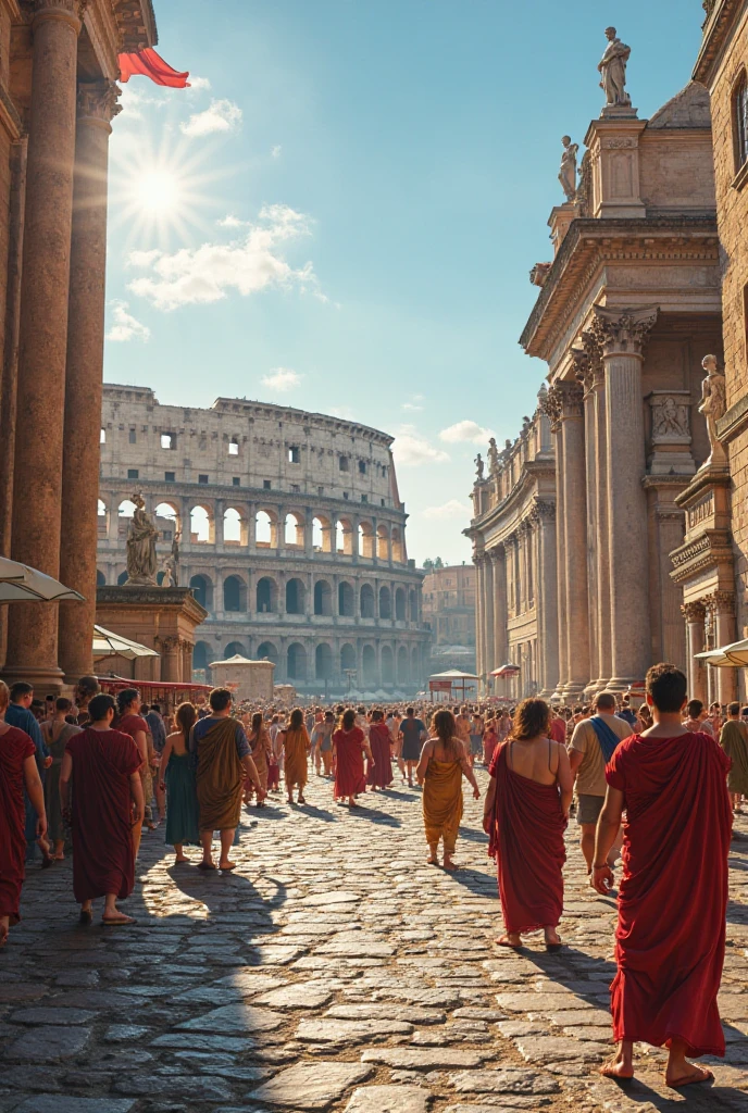 Realistic wide-angle view of Rome at its peak, bustling marble streets ...