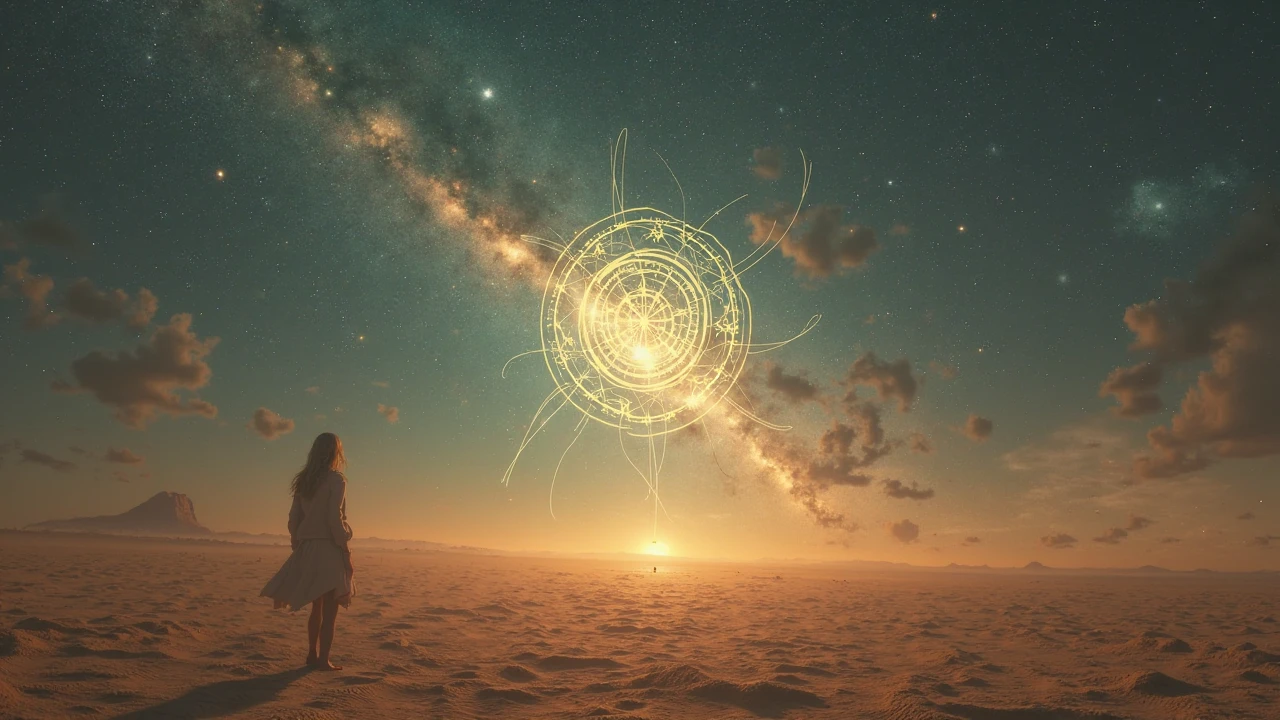A dark, infinite desert landscape with glowing symbols and swirling ...