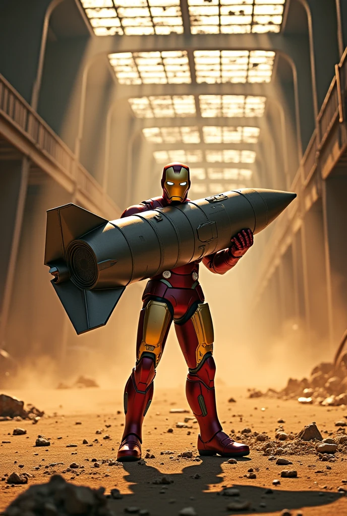 "A surreal and cinematic depiction of Iron Man standing in the center ...
