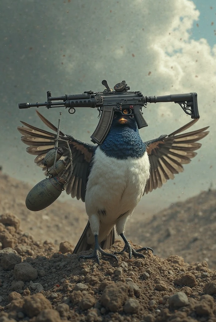 Create a swallow with an ak-47 on its HEAD and a grenade t on a wing ...