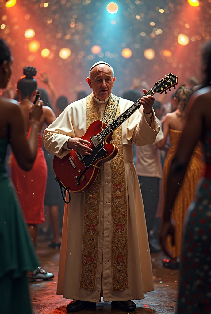 Create a realistic image of Pope Francis playing music at a funk dance ...