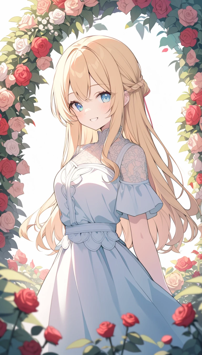1 girl, blonde hair, blue eyes, roses, in the gardena young woman with ...