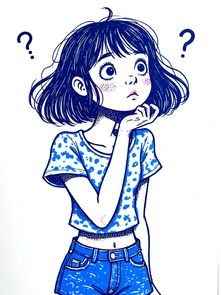 Cute cartoon, thinking, 1 cute adult girl, wearing short sleeves - SeaArt AI