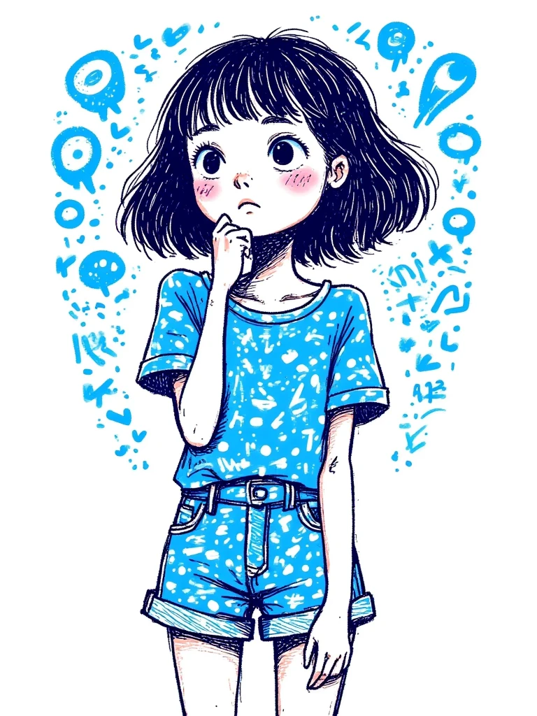 Cute cartoon, thinking, 1 cute adult girl, wearing short sleeves - SeaArt AI
