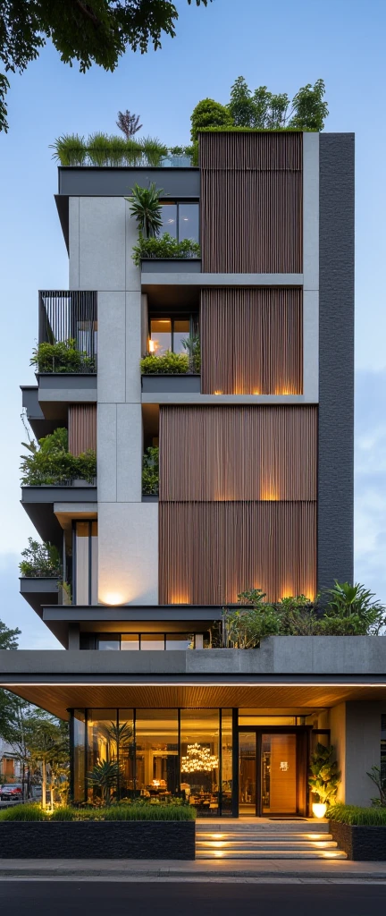 A luxury neoclassical high-rise building with sustainable green ...