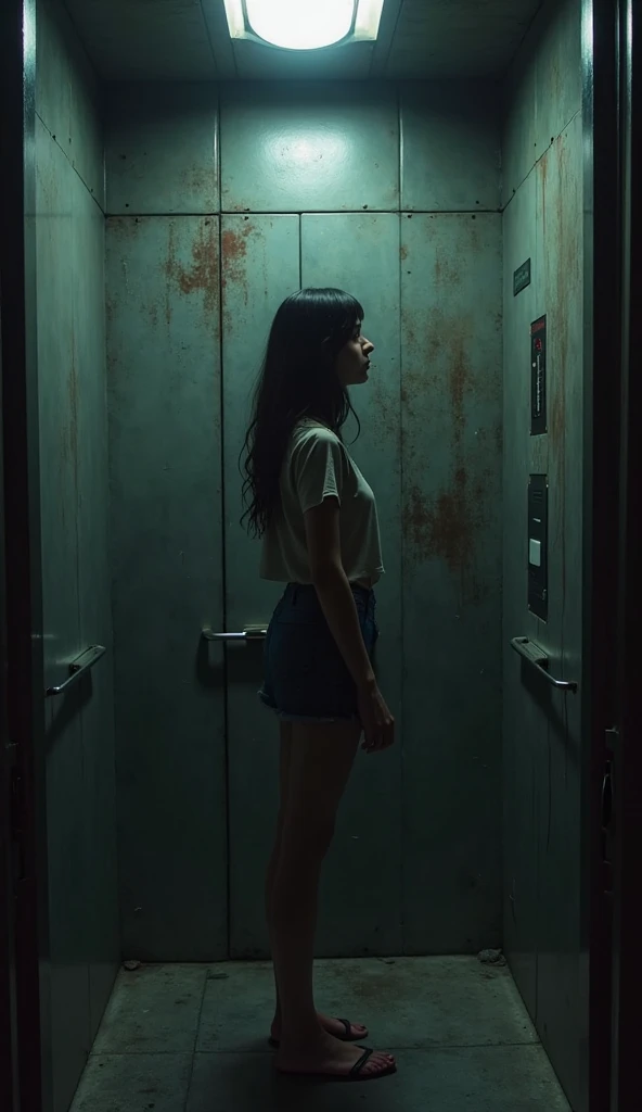 A confuse and scared young women standing in the elevator and looking at the but - SeaArt AI