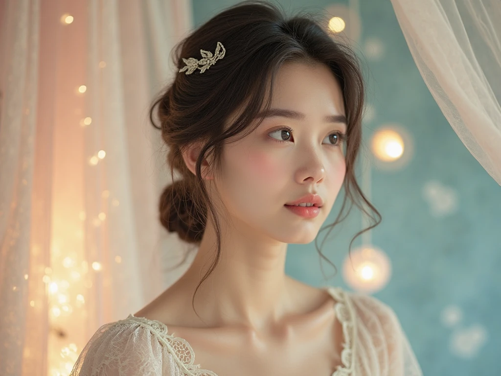 A high-resolution portrait of a beautiful young woman with delicate ...