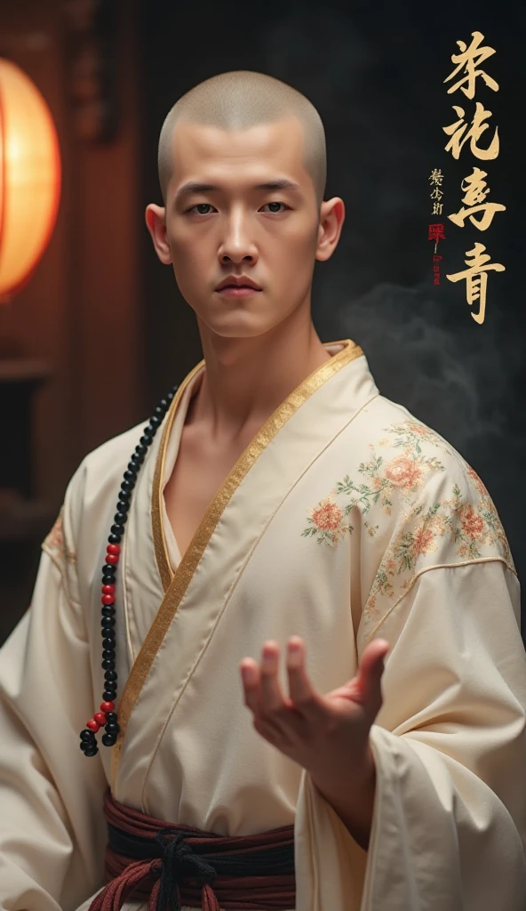 A young male figure with a dignified demeanor, shaved head, and sharp ...