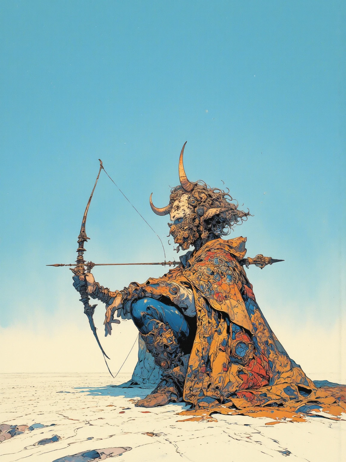 A peculiar man kneeling on one knee, aiming a large curved bow - SeaArt AI