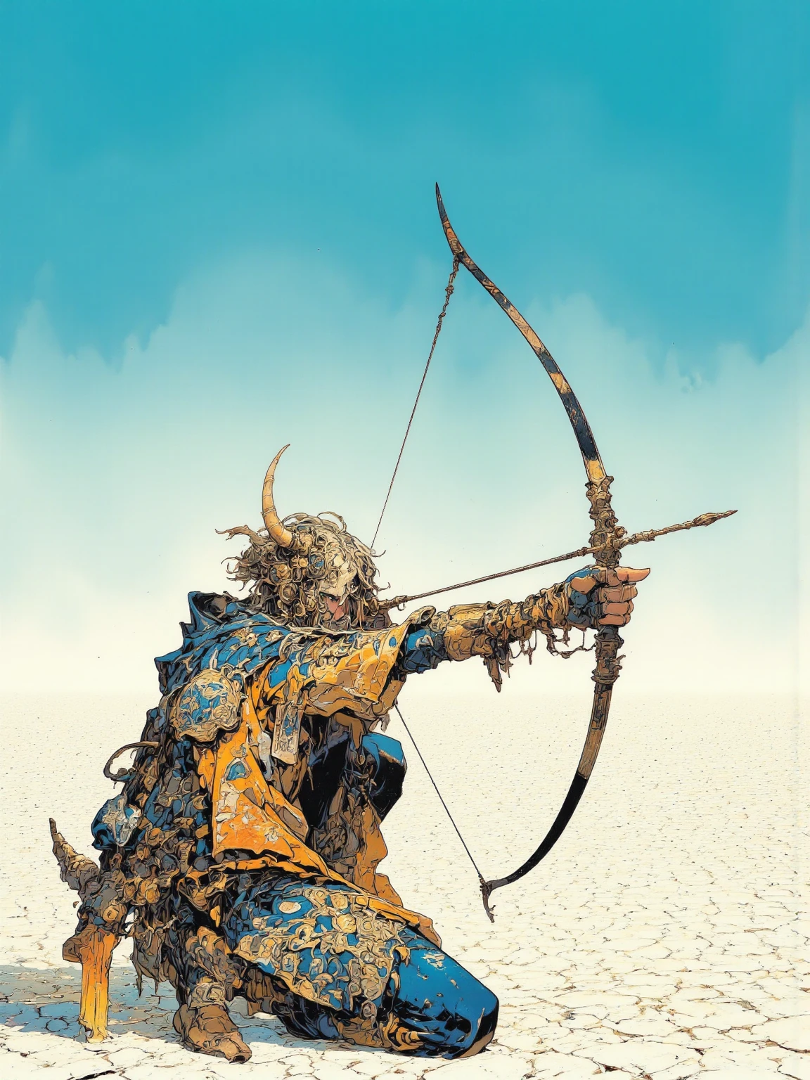 A peculiar man kneeling on one knee, aiming a large curved bow - SeaArt AI