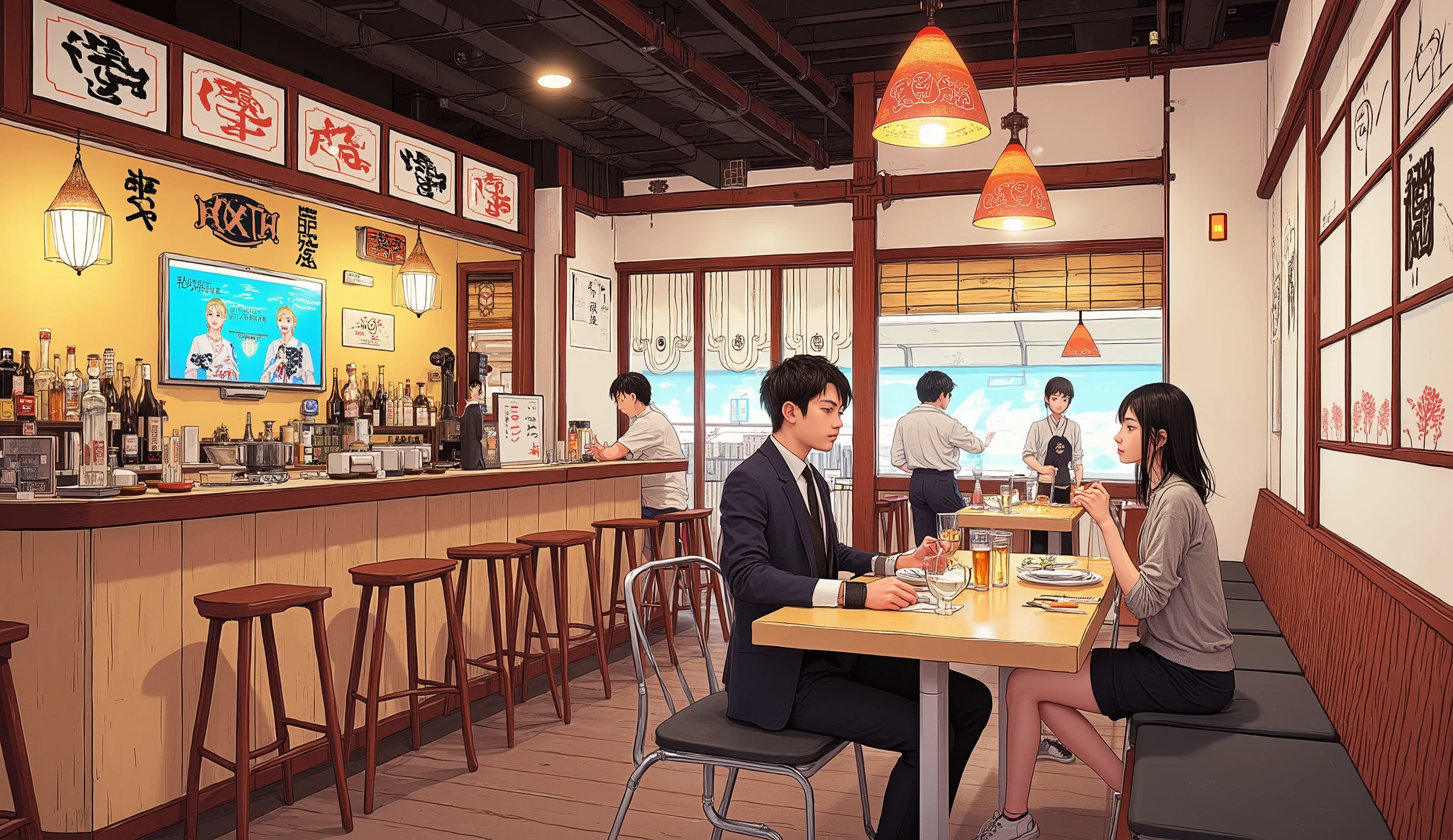 Drawing of a small restaurant with bar and TV, Tsubasa Nakai - SeaArt AI