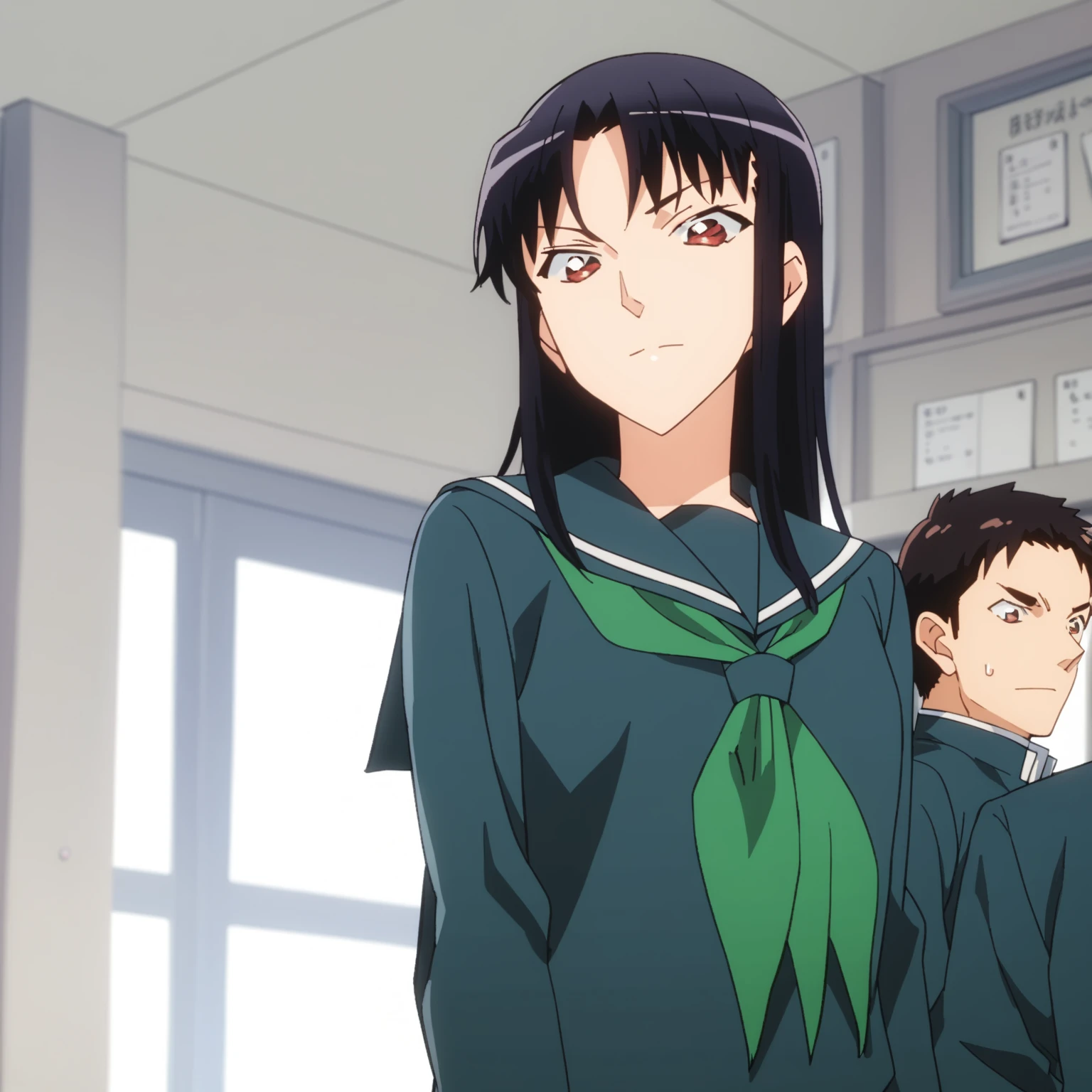 Akako Koizumi, black_hair, long_hair, red_eyes, school_uniform - SeaArt AI