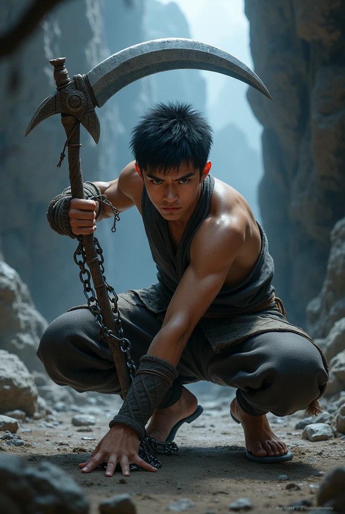 male，Xingtian， boy，Stealth，Hand holding a sickle with a chain - SeaArt AI