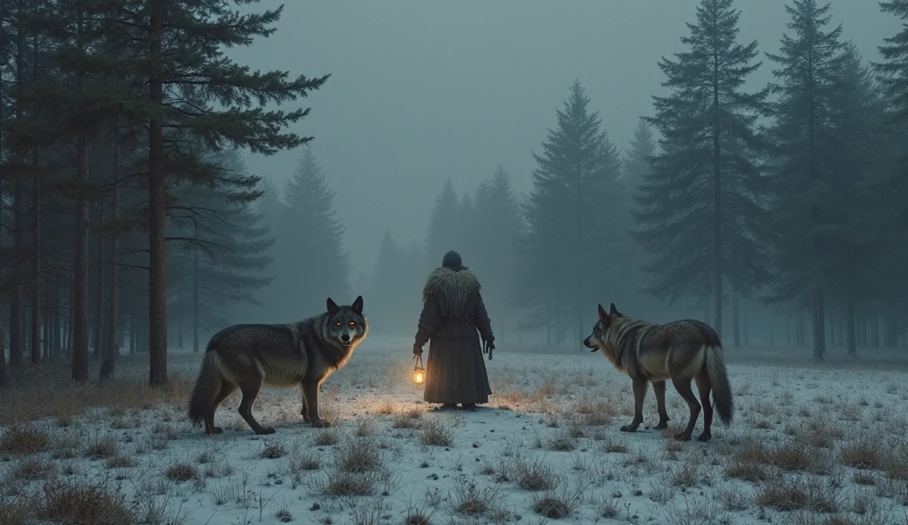 A gray-haired recluse with a lantern emerges from the dark forest ...