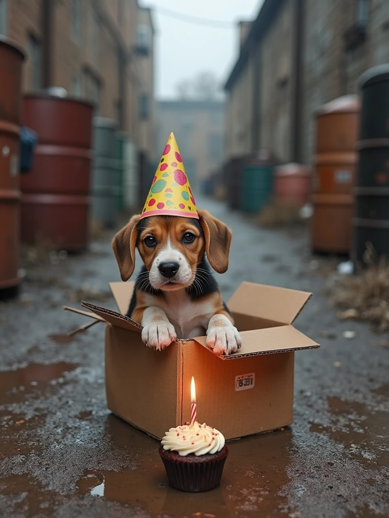 The image shows a small beagle puppy sitting inside a worn-out ...