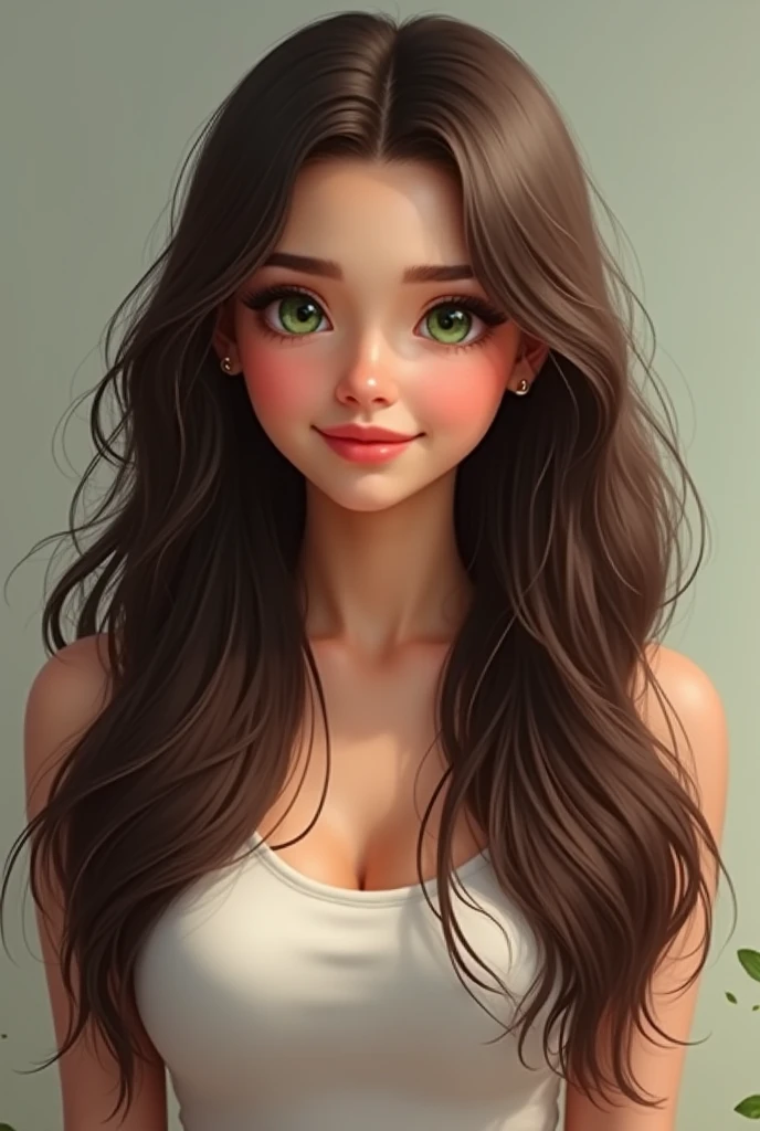 Chubby girl, dark brown hair, green eyes, long straight hair - SeaArt AI
