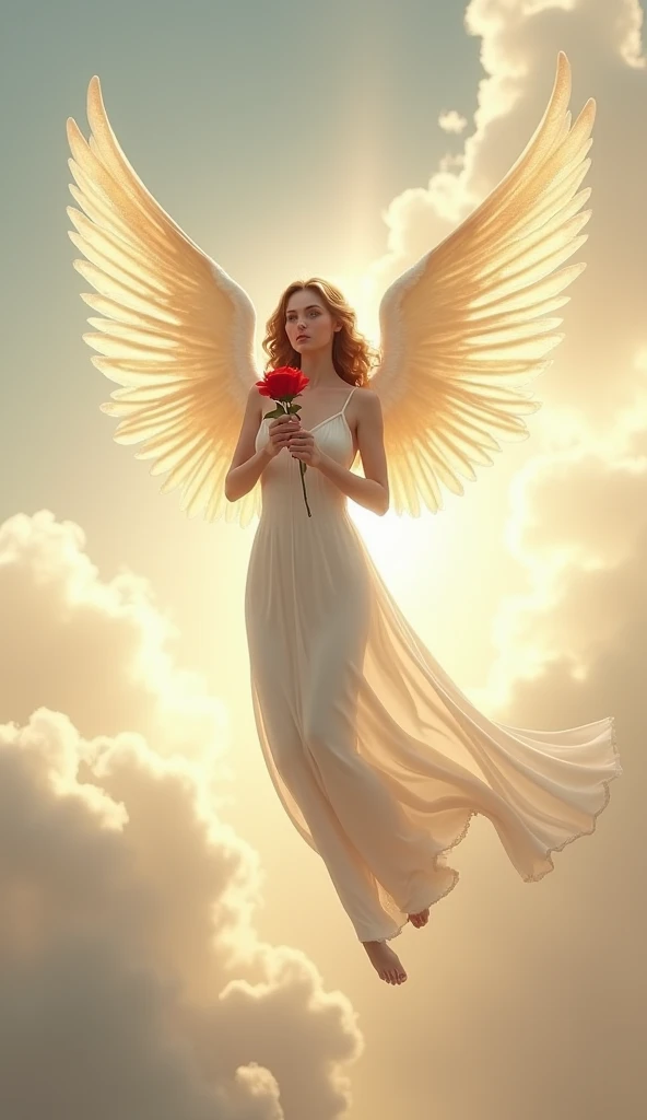 A delicately beautiful female angel floats in the sky holding a large ...