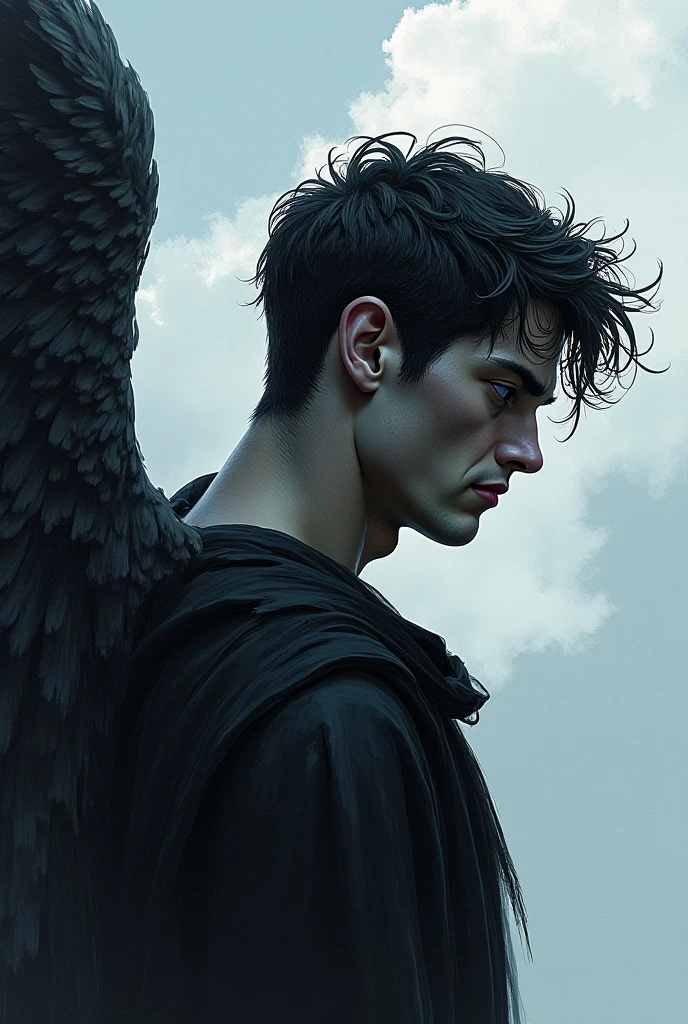 I want an image of a male angel with a sad and imposing face and with a ...