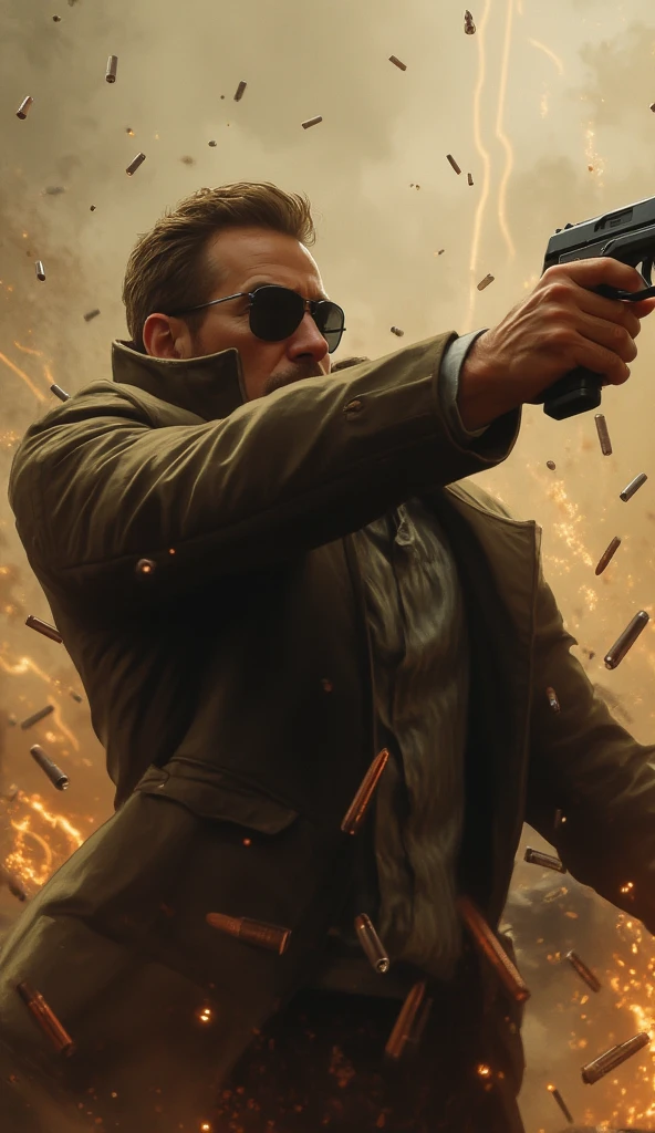 A man in overcoat and sunglasses dodging bullets by bending his body ...