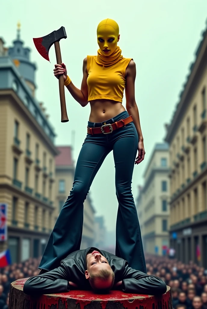 Yellow creepy full face lycra balaclava sexy female. She wear long dark ...